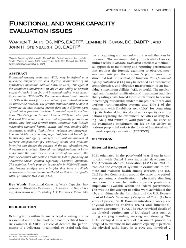 Functional and Work Capacity Evaluation Issues | PDF | Test (Assessment ...