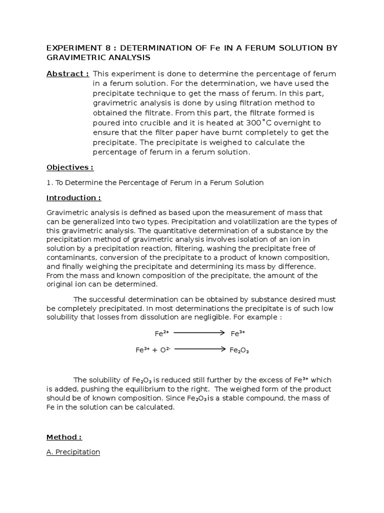 EXPERIMENT 8: DETERMINATION OF Fe IN A FERUM SOLUTION BY GRAVIMETRIC ...