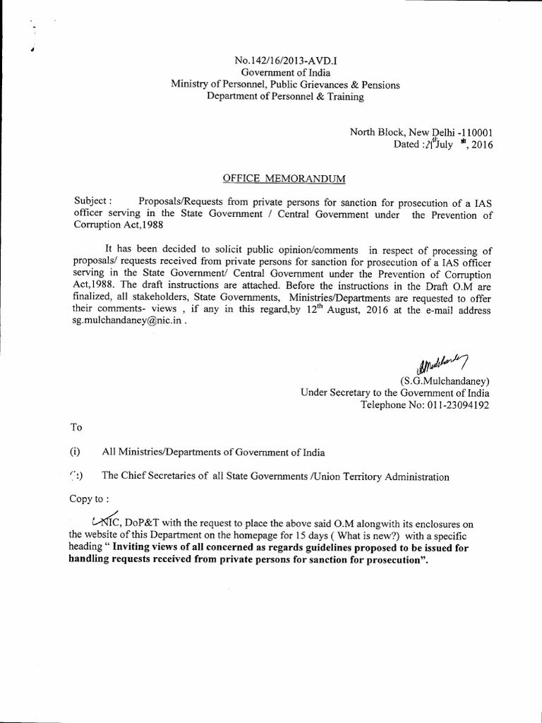 DoPT Office Memo For Prosecution of IAS Officers | PDF | Prosecutor ...