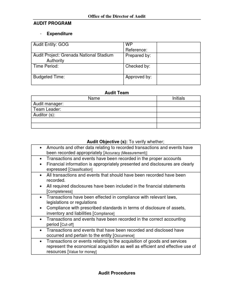 Grenada Stadium Audit Program Guide | PDF | Regulatory Compliance | Audit