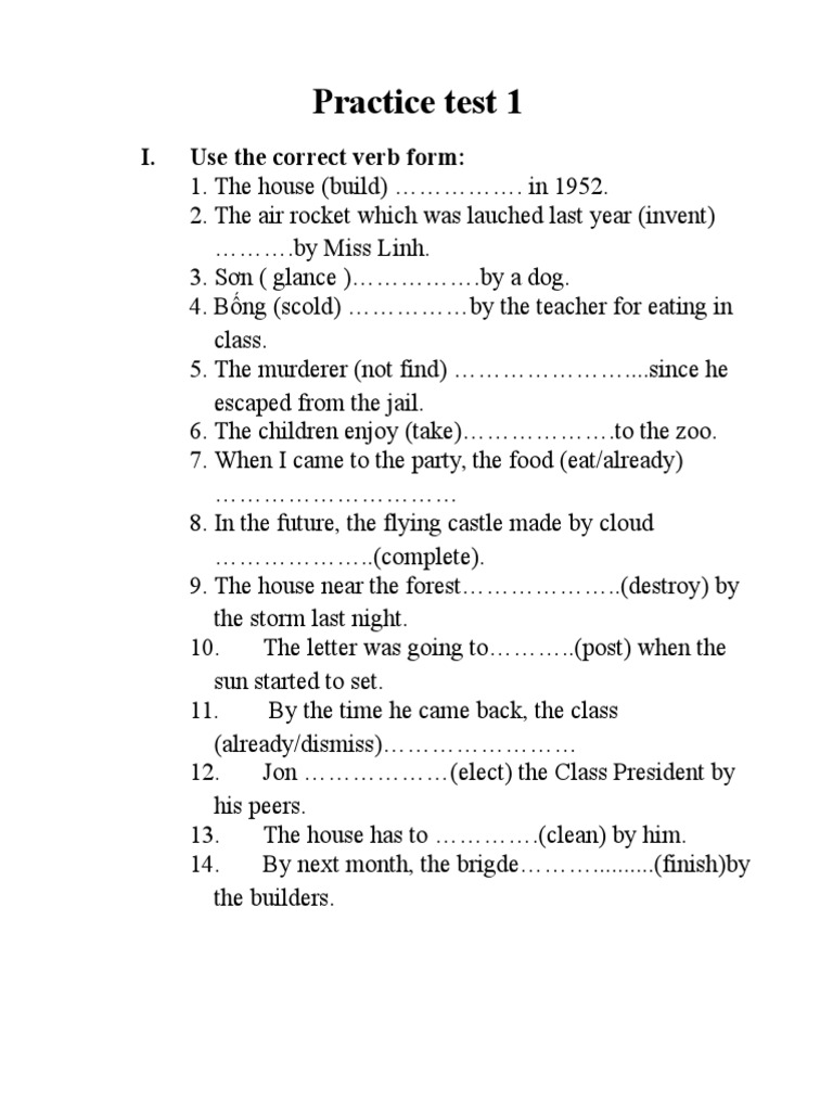 Practice Test 1: I. Use The Correct Verb Form | PDF