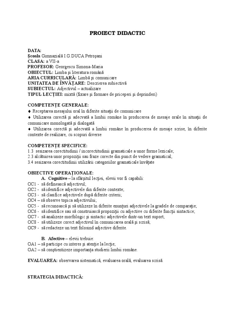 Proiect Didactic Adjectivul Cls 7 | PDF