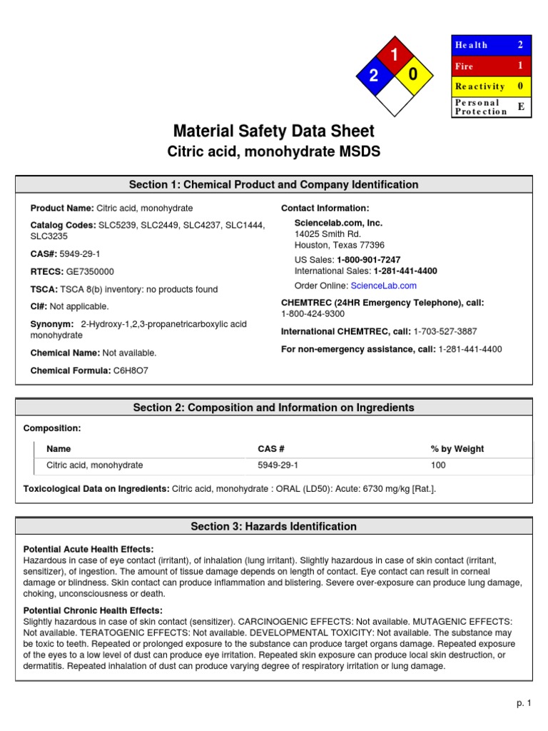 Msds Citric | Flammability | Personal Protective Equipment
