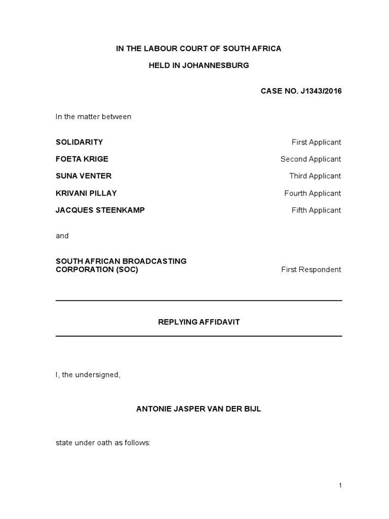 Solidarity Replying Affidavit Labour Court SB Final | Affidavit ...