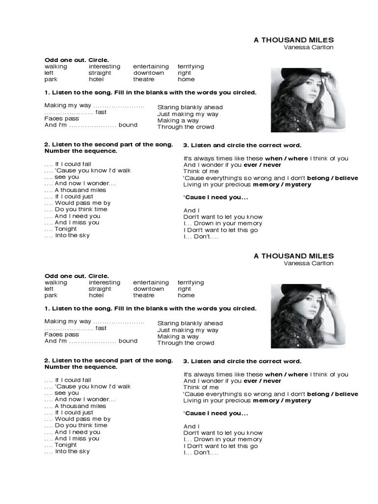 A Thousand Miles Song Worksheet Carlton | PDF