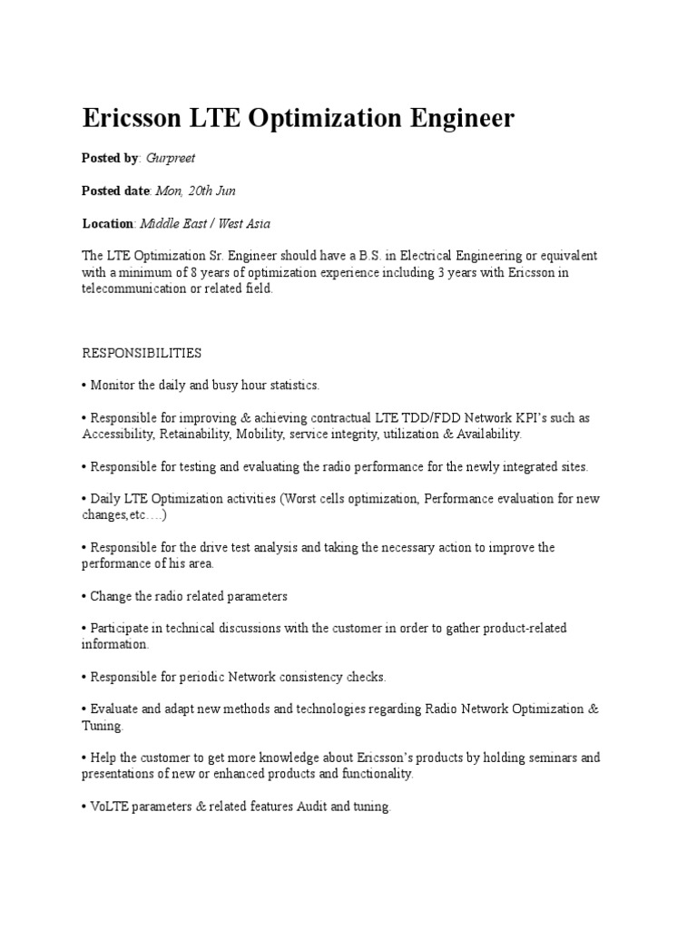 Ericsson LTE Optimization Engineer | PDF