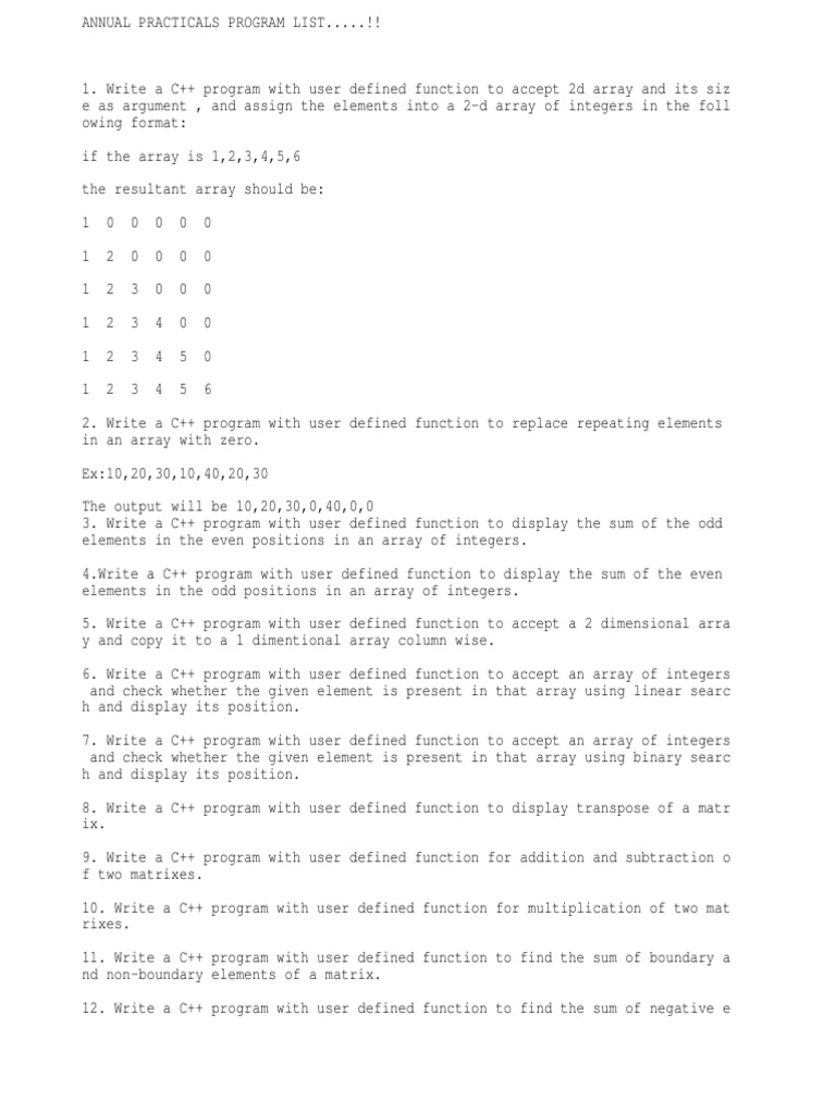 C++ Practice Program List | PDF | String (Computer Science) | Matrix (Mathematics)