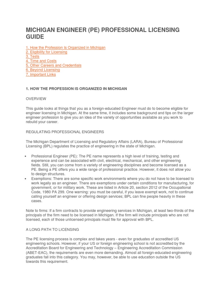 Michigan Engineer (Pe) Professional Licensing Guide | PDF | Engineer ...