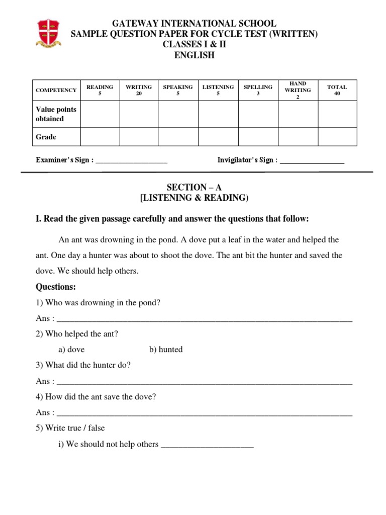 English Test Paper for Classes I & II | PDF