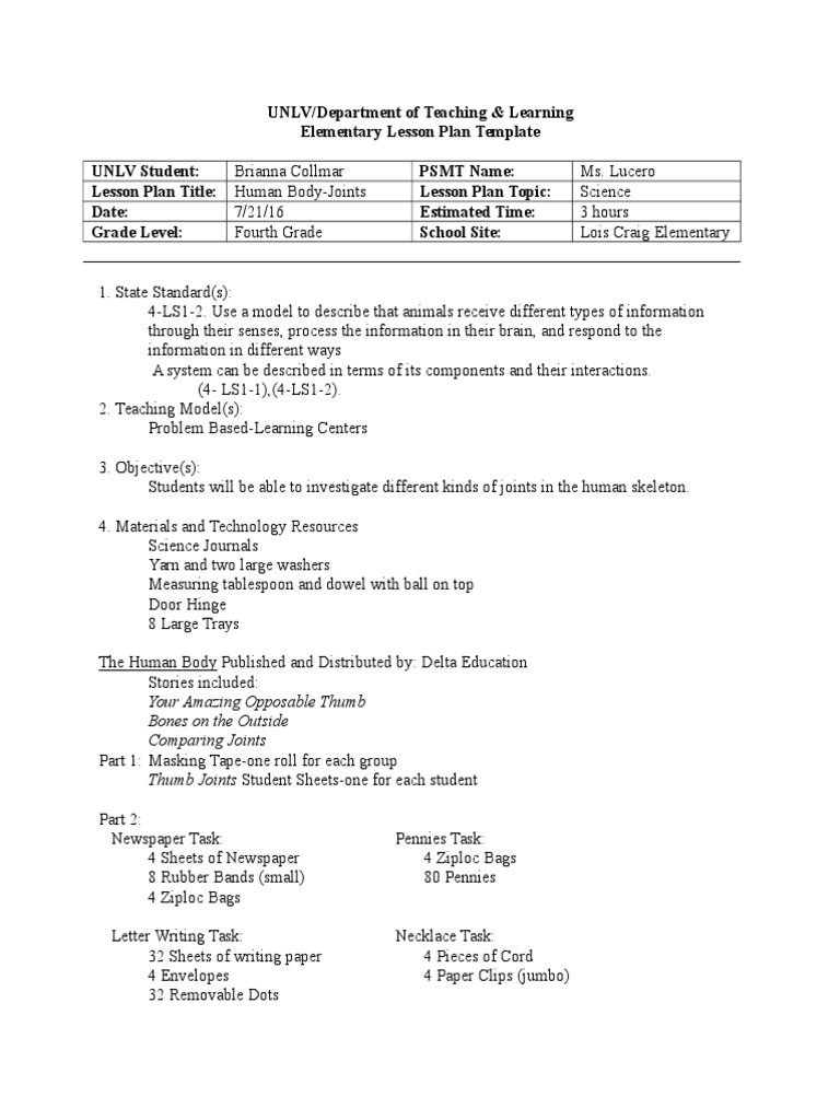 Joints Lesson Plan | PDF | Teaching And Learning | Further Education