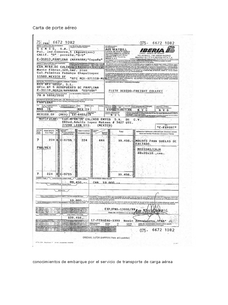 Carta de porte aéreo: conocimientos de embarque por el servicio de ...