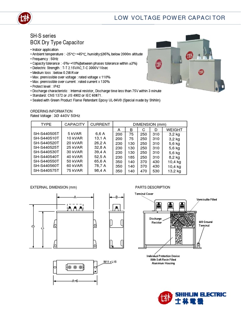 SH-S Series Box Dry Type Capacitor Technical Specifications and ...