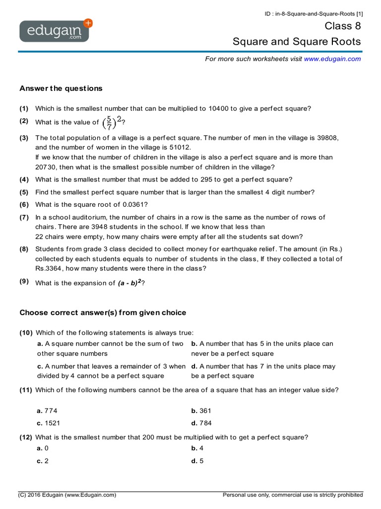 Grade 8 Square and Square Roots in | PDF | Arithmetic | Mathematical ...