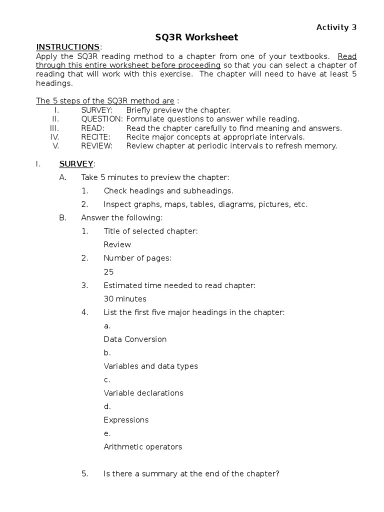 SQ3R Worksheet: Activity 3 Instructions | PDF | Question | Bracket