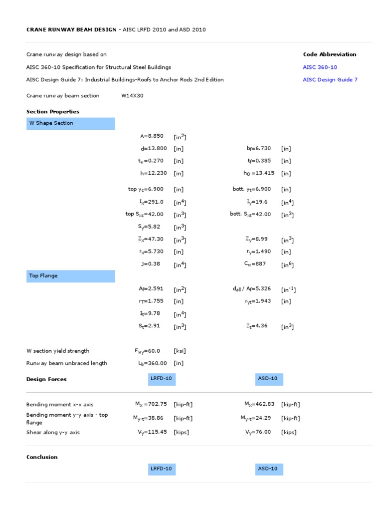 Crane Runway Beam Design - AISC LRFD 2010 and ASD 2010s PDF | PDF ...