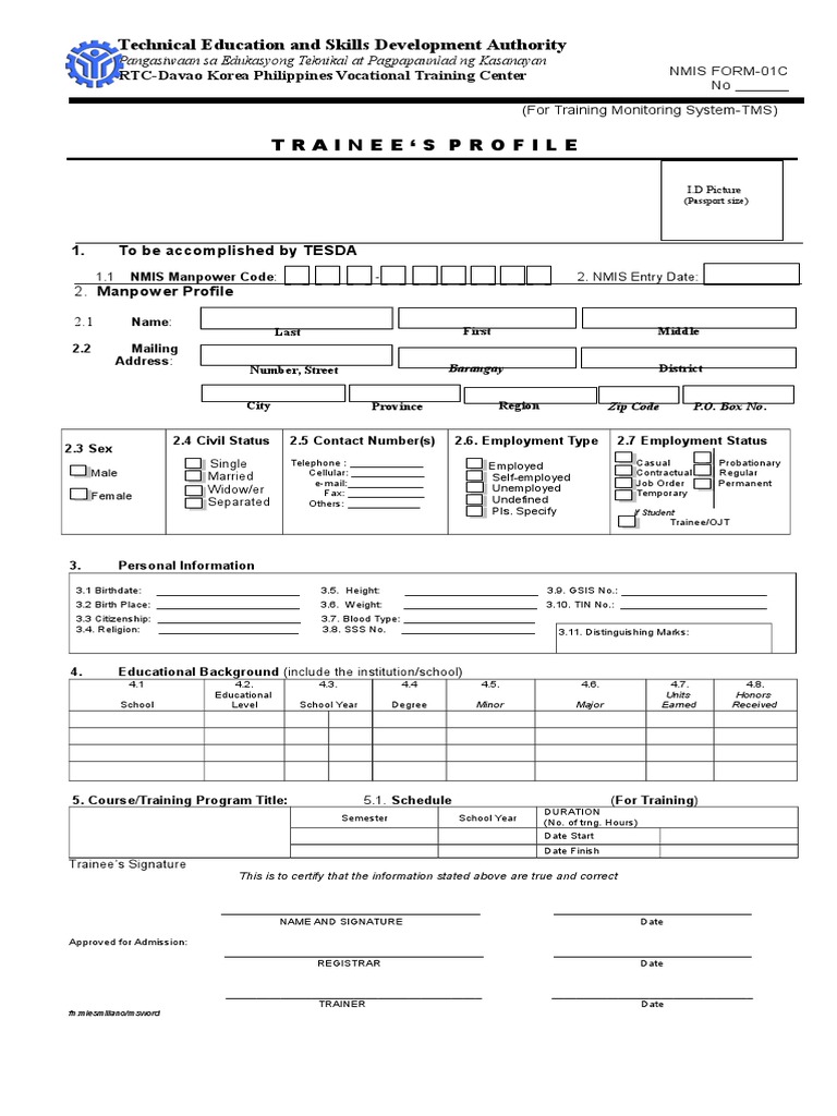 Trainee's Profile Form (NMIS) | PDF