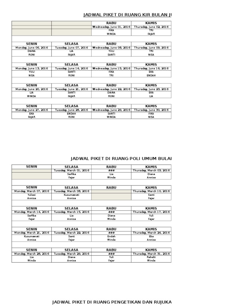 Jadwal Piket Di Ruang Kir Bulan Juni: Rabu Kamis | PDF