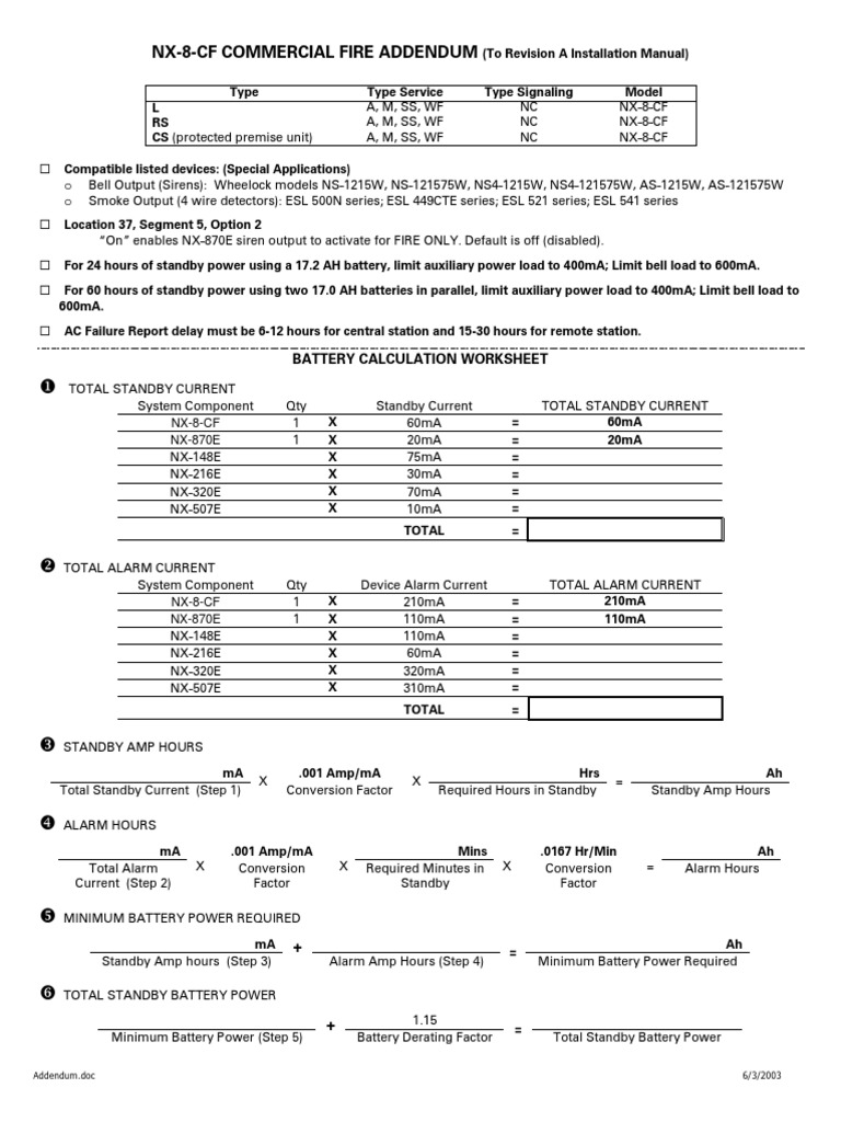 Battery Calculation Fire Alarm - NX-8CF Addendum | PDF
