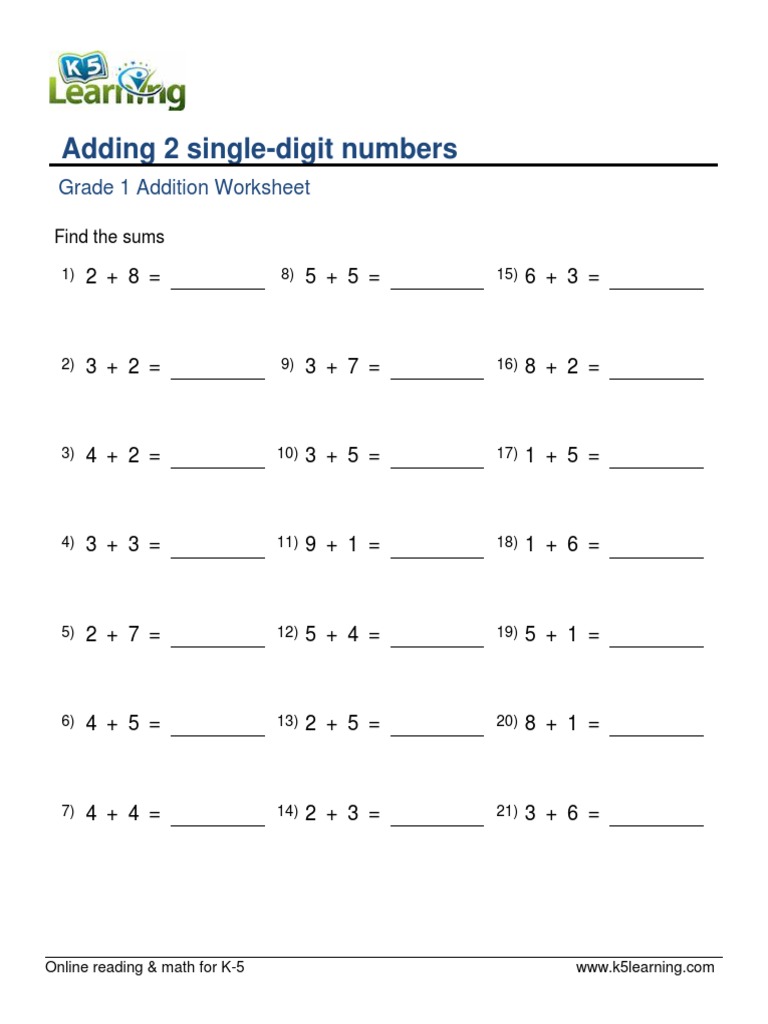 Adding 2 Single-Digit Numbers: Grade 1 Addition Worksheet | PDF | Games ...