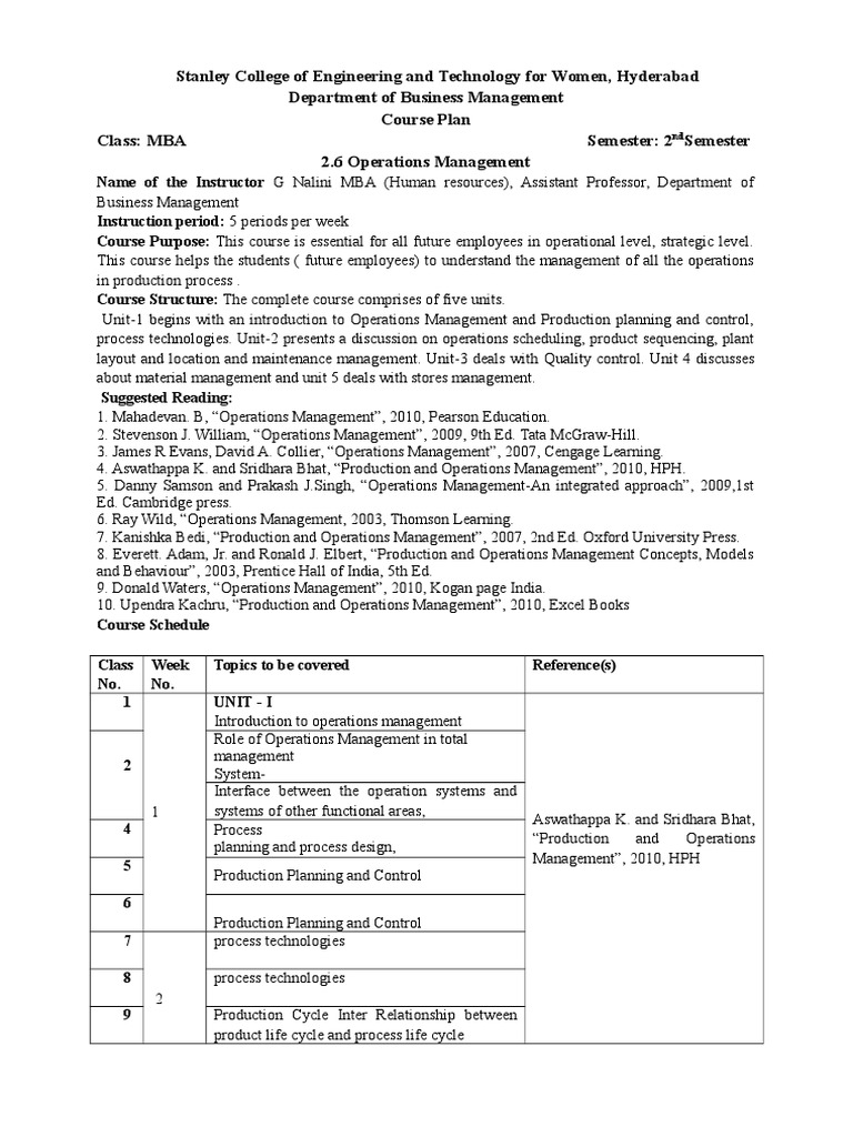 MBA - OM Lesson Plan | PDF | Operations Management | Scheduling ...