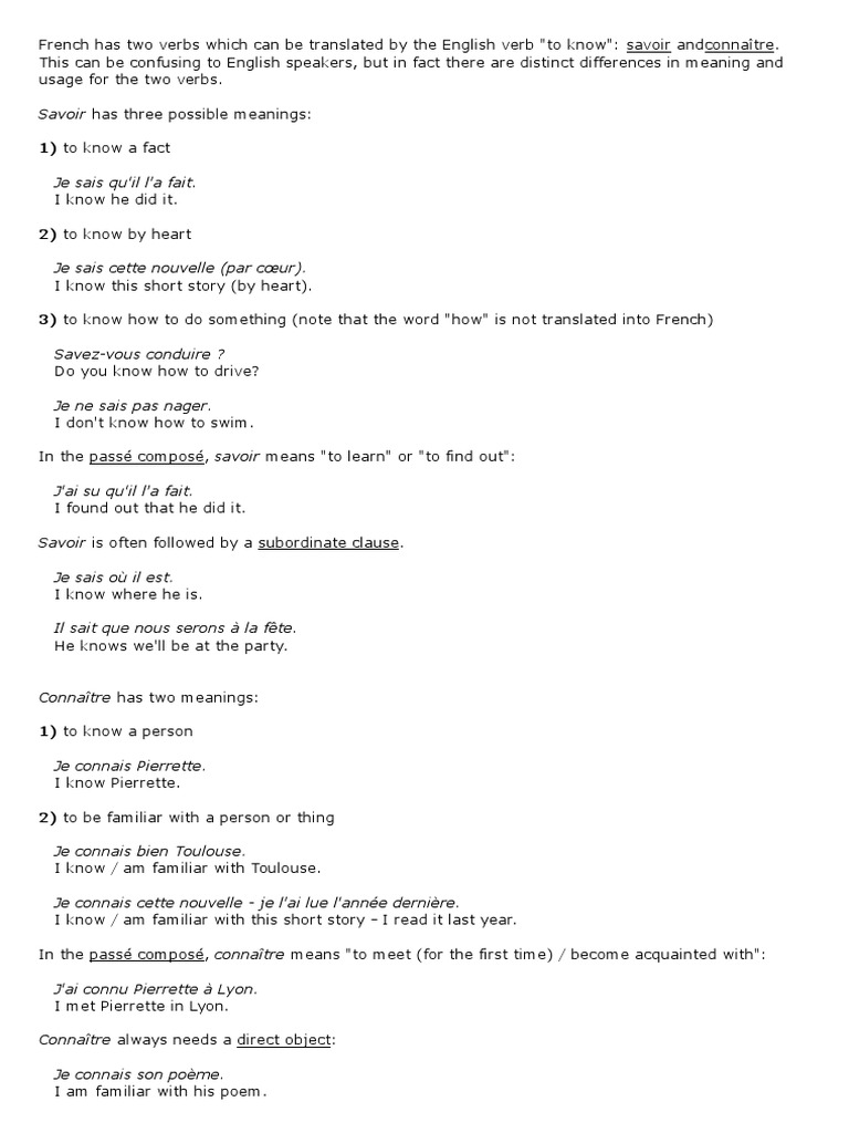 Understanding French Verbs: Savoir vs. Connaître | PDF | Word | Subject ...