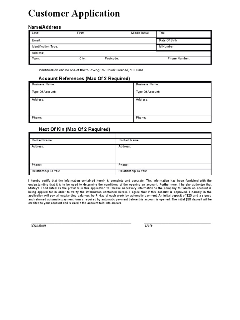 Customer Account Application Form | PDF