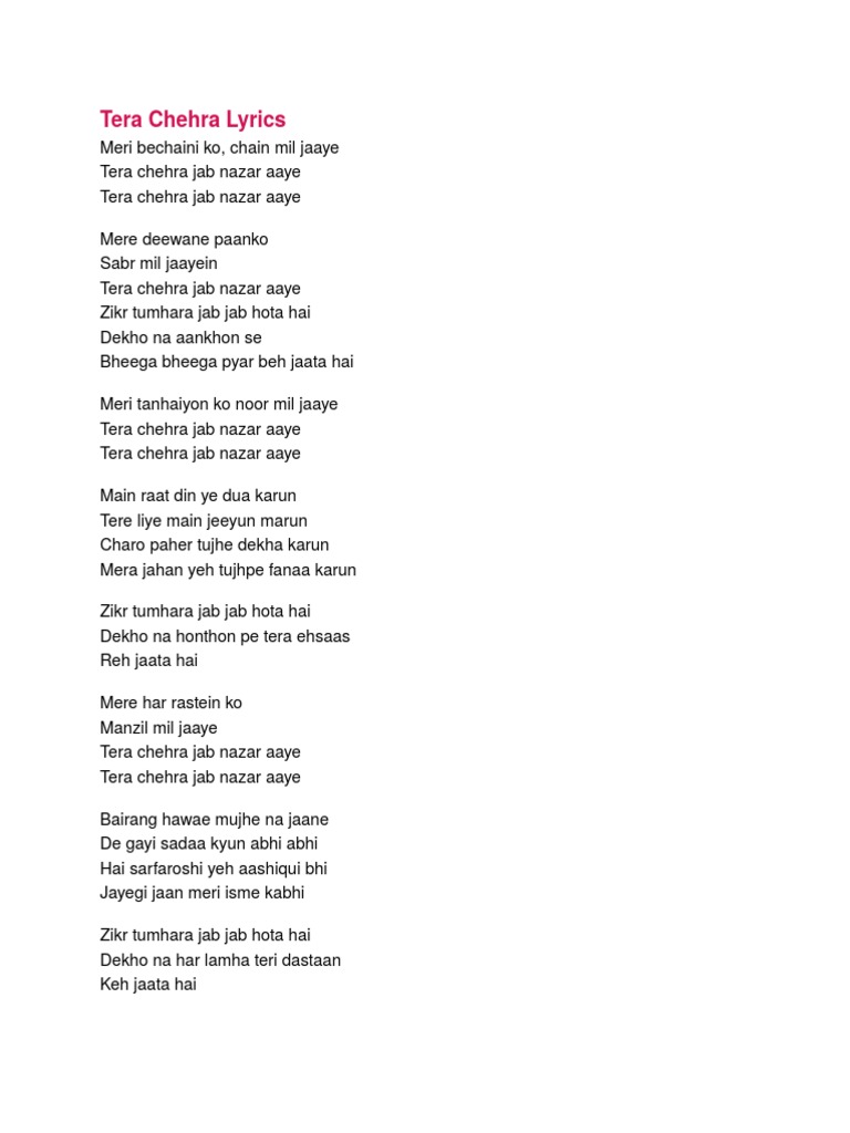 Tera Chehra Lyrics | PDF