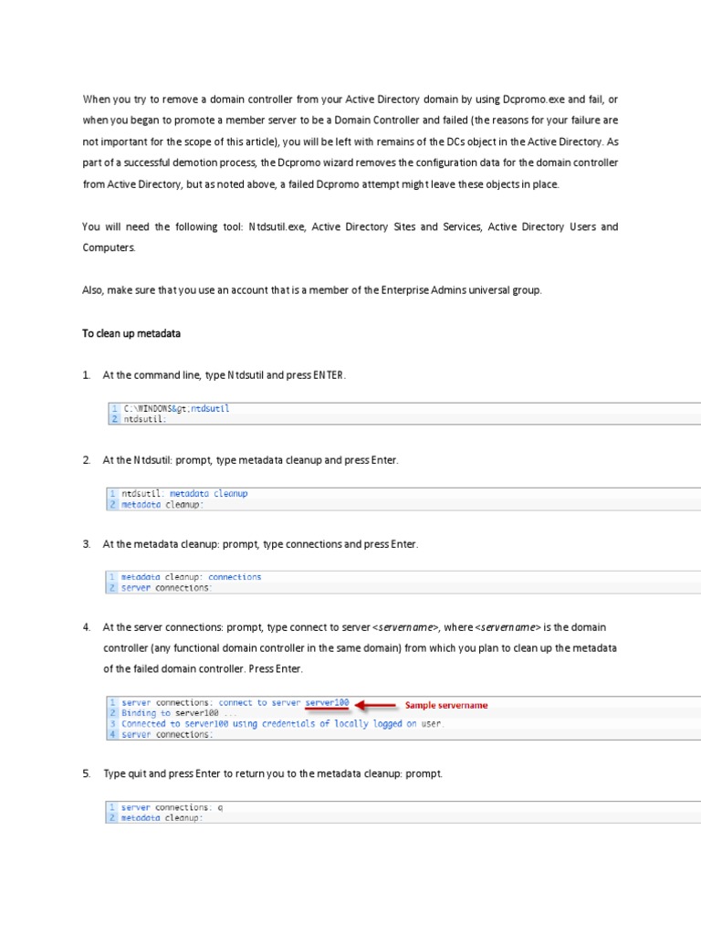 How To Delete Failed DCs From Active Directory Using Ntdsutil | PDF | Active Directory | Domain ...