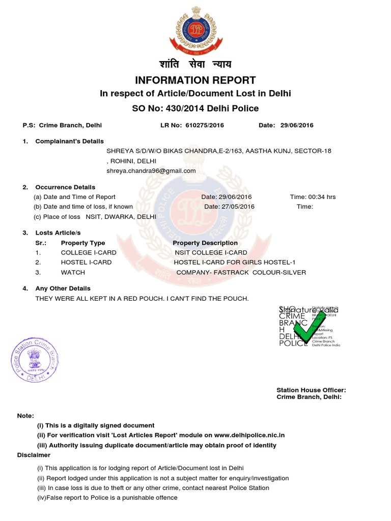 Lost Article Report - Delhi Police | PDF