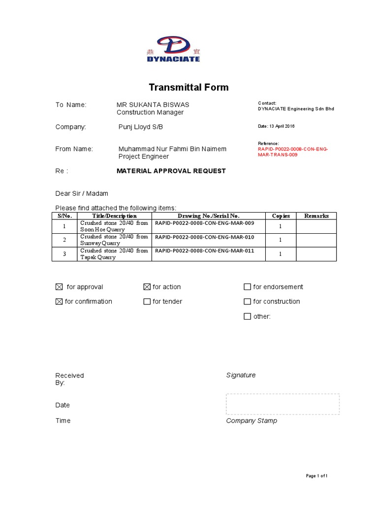 Transmittal Form: Material Approval Request | PDF | Construction ...