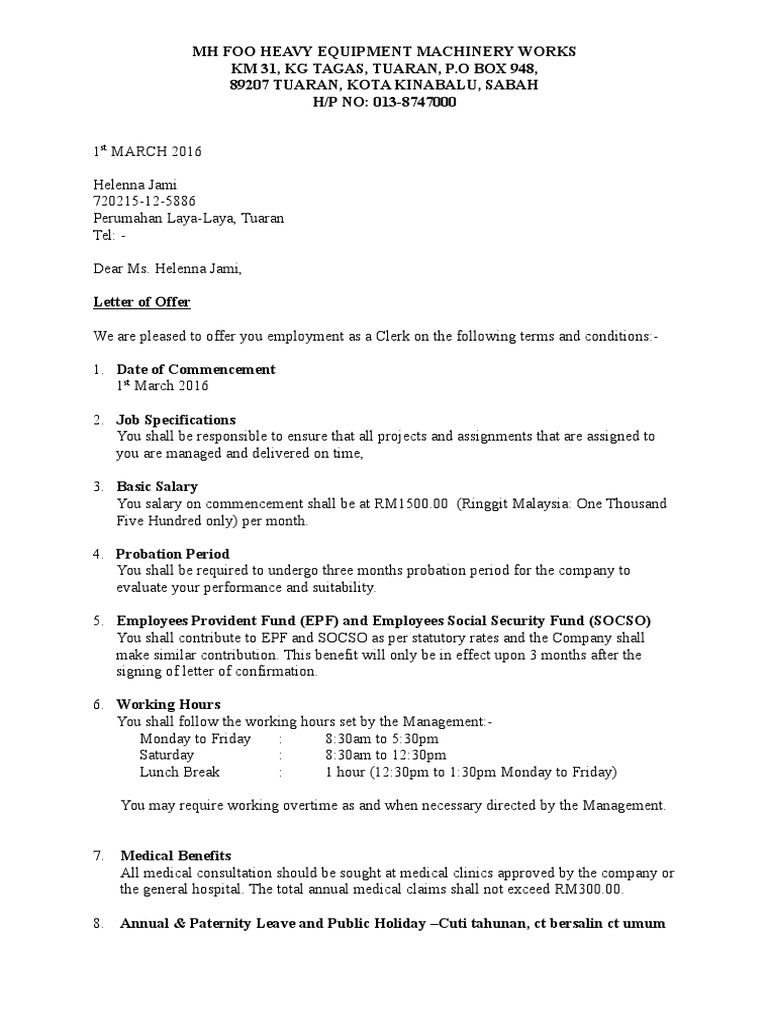 Offer Letter | Working Time | Contractual Term