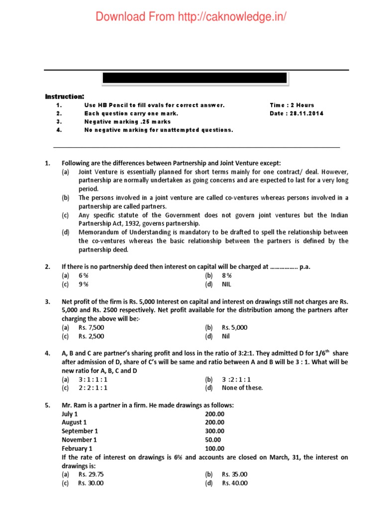 CPT Mock Test Paper Dec 2014 Part a English 28-11-2014 | Partnership ...