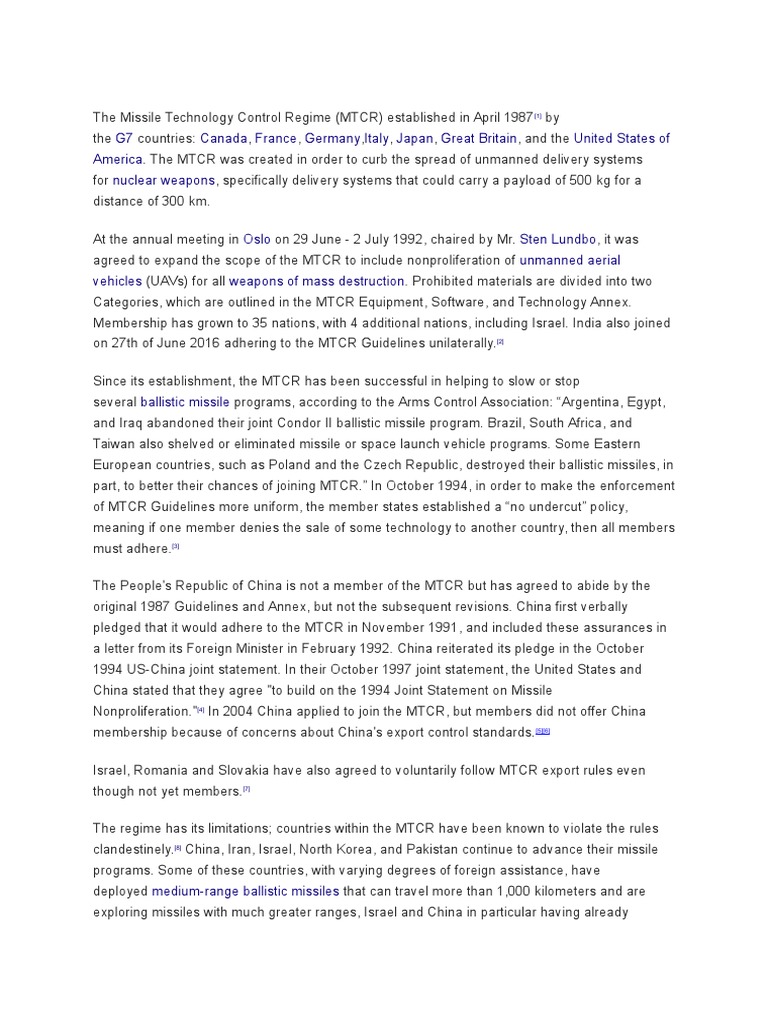 The Missile Technology Control Regime | Download Free PDF | Rockets And ...