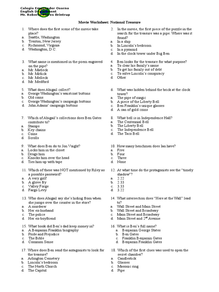 National Treasure Movie Worksheet | PDF
