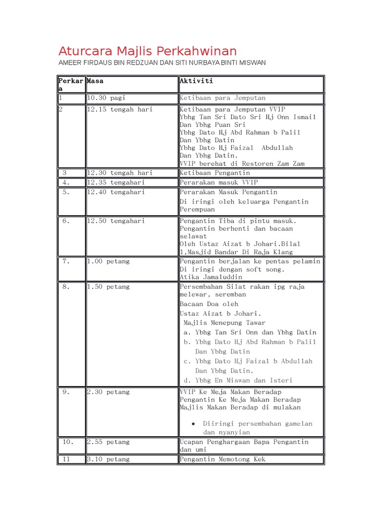 Aturcara Majlis Perkahwinan Ameer & Siti | PDF | Seni