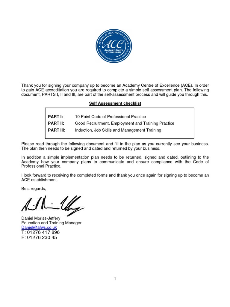 ACE Self Assessment Form | PDF | Apprenticeship | Employment