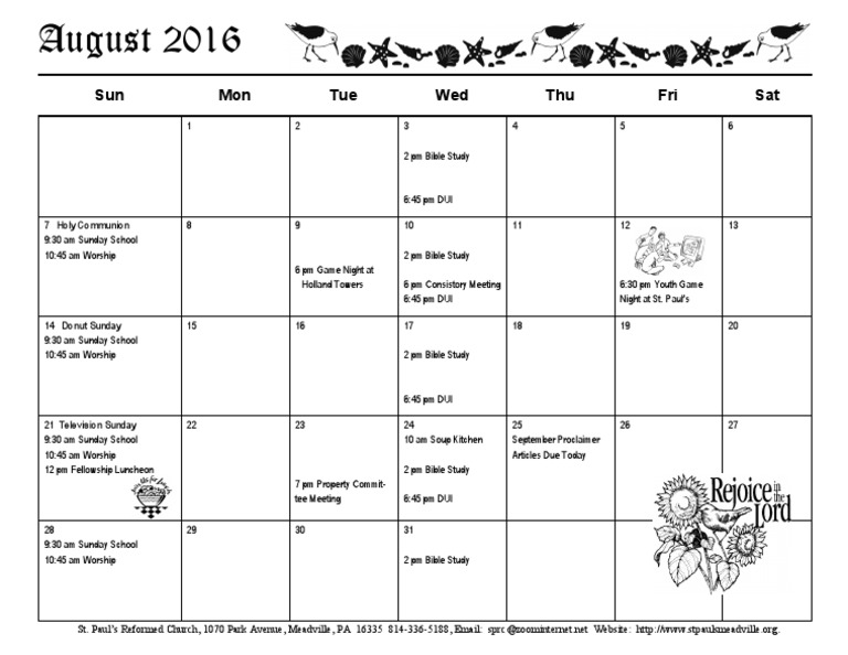 August 2016 Calendar | PDF