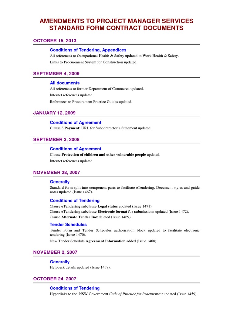 Amendments To Project Manager Services Standard Form Contract Documents ...
