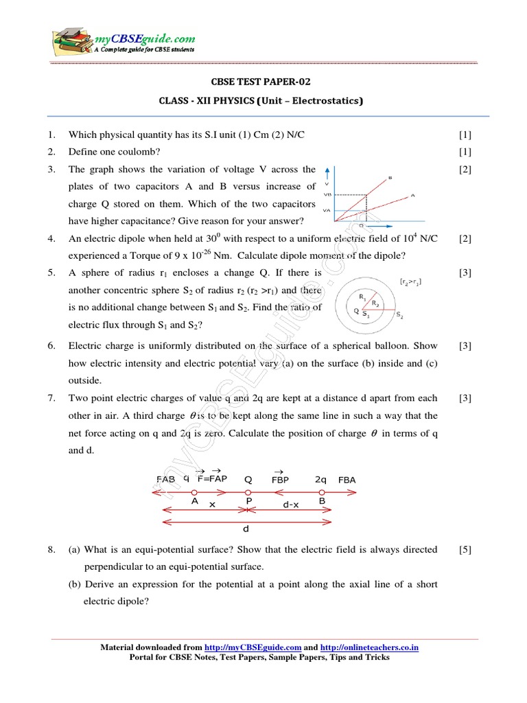 Cbse Test Paper-02 CLASS - XII PHYSICS (Unit - Electrostatics) | PDF