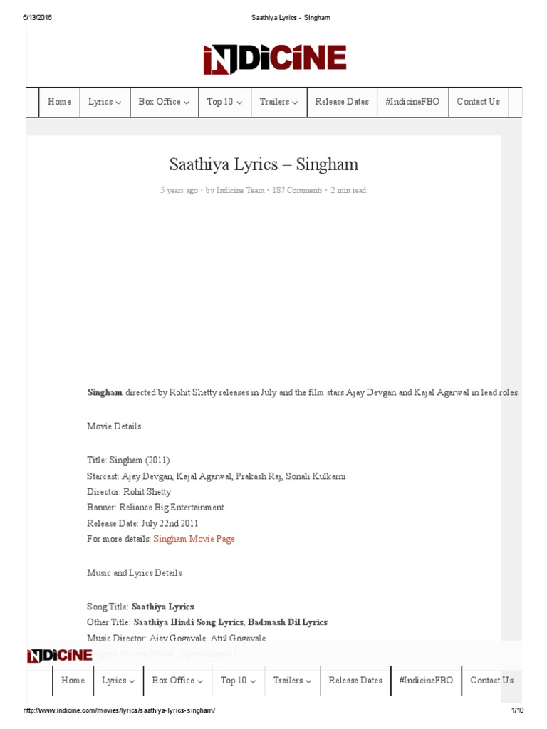 Saathiya Lyrics - Singham | PDF | Film Production Districts | Cinema Of India