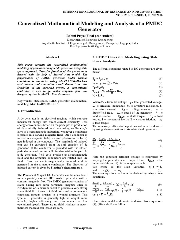 Generalized Mathematical Modeling and Analysis of A PMDC Generator ...