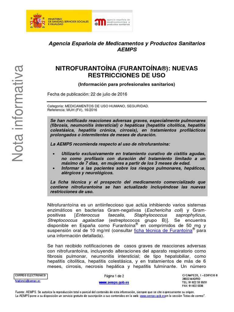 Nitrofurantoína (Furantoína®) - Nuevas Restricciones de Uso | PDF ...