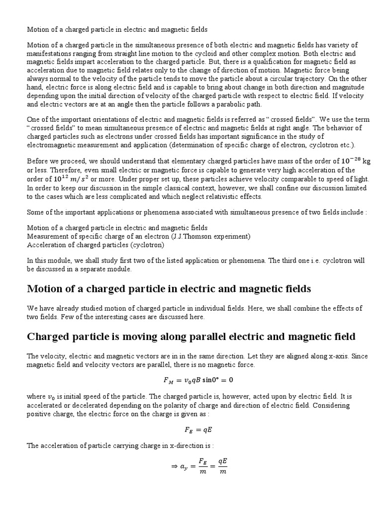 Motion of A Charged Particle in Electric and Magnetic Fields | PDF ...