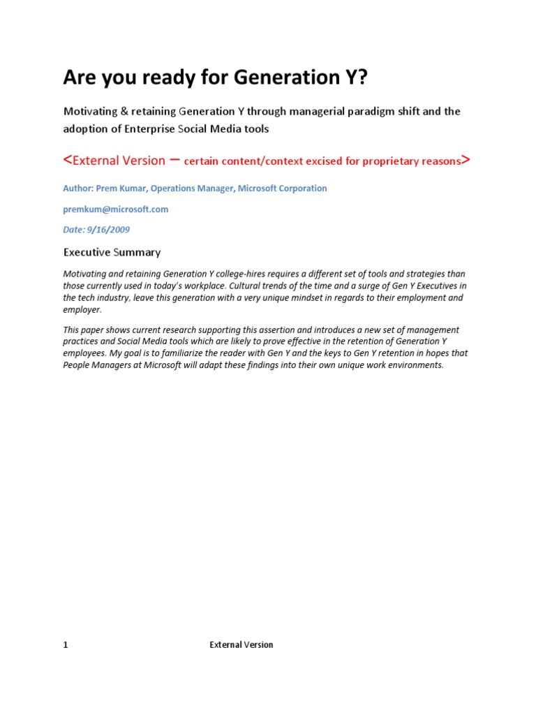Motivating and Retaining Generation Y (External Version) | PDF ...