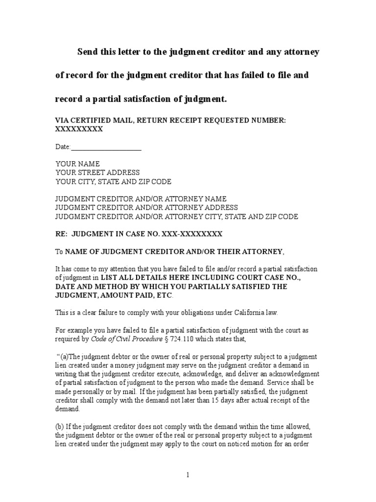 Sample Demand For Partial Satisfaction Of Judgment In California Pdf