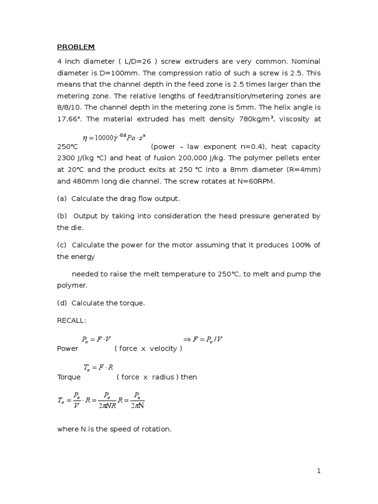 Homework Extruder Torque | PDF | Viscosity | Extrusion