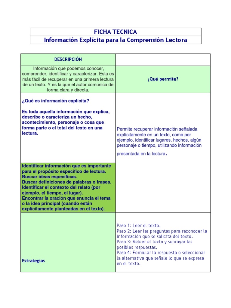 Ficha Tecnica. Inf Explícita | PDF | Lectura (proceso) | Información