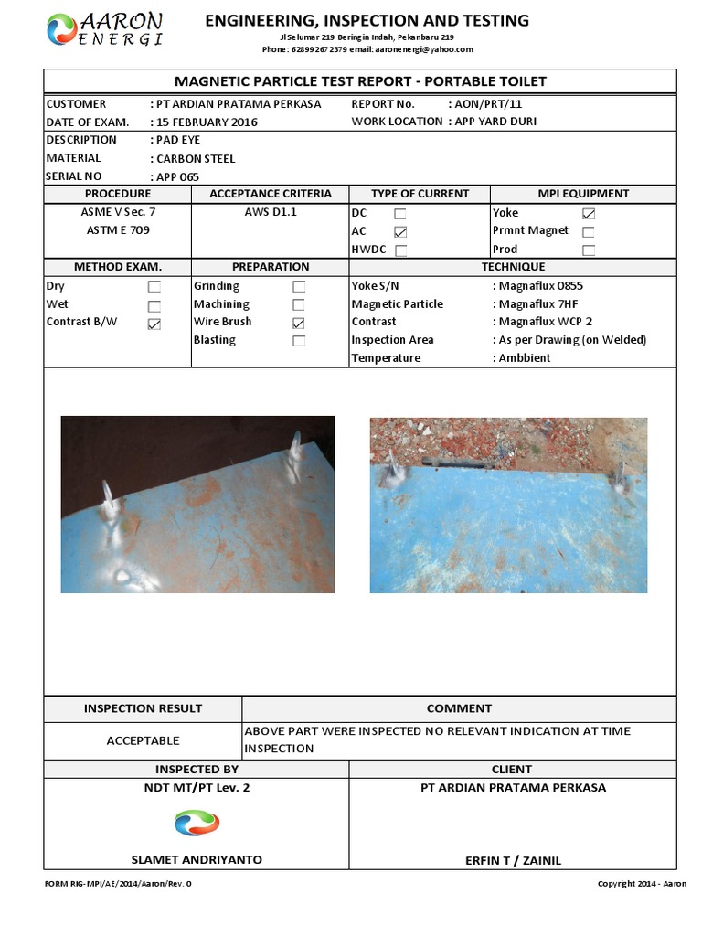 Magnetic Particle Test Report - Portable Toilet: Procedure Acceptance ...
