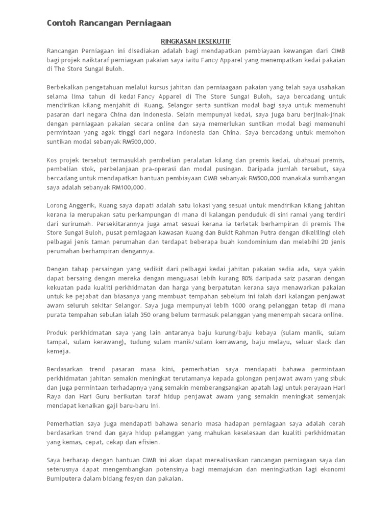 Contoh Rancangan Perniagaan | PDF