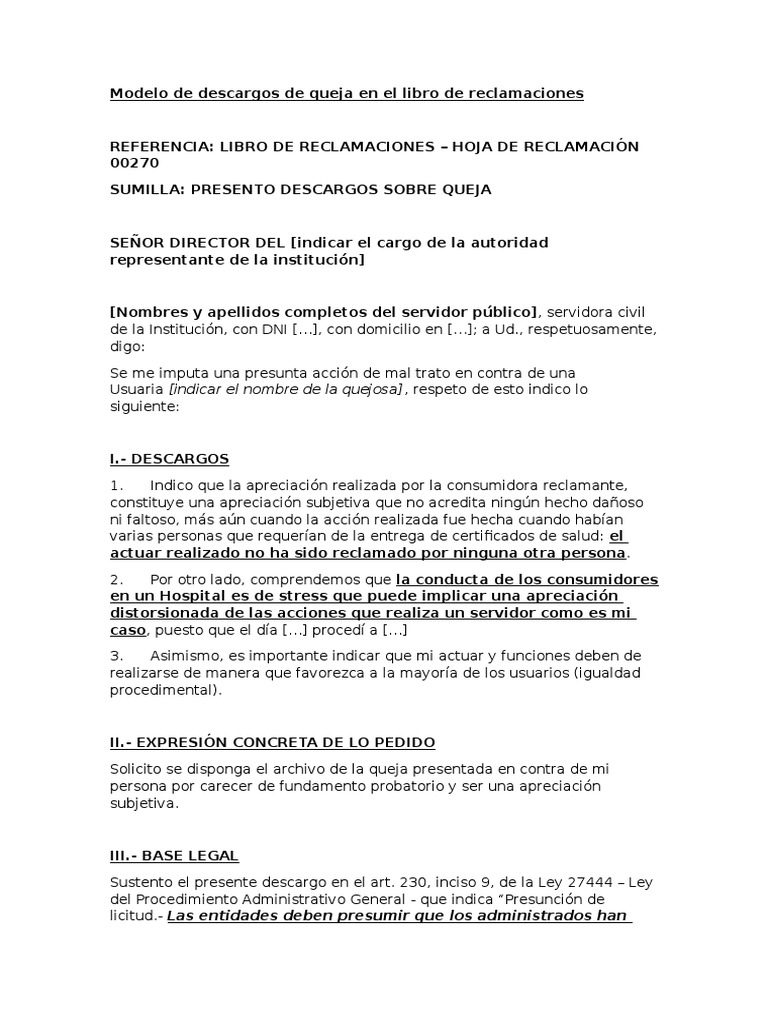 Modelo de Descargos de Queja en El Libro de Reclamaciones